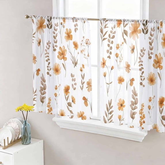 Brown Spring Floral Semi Sheer Curtains 54 Inch Length 2 Panels Set ...