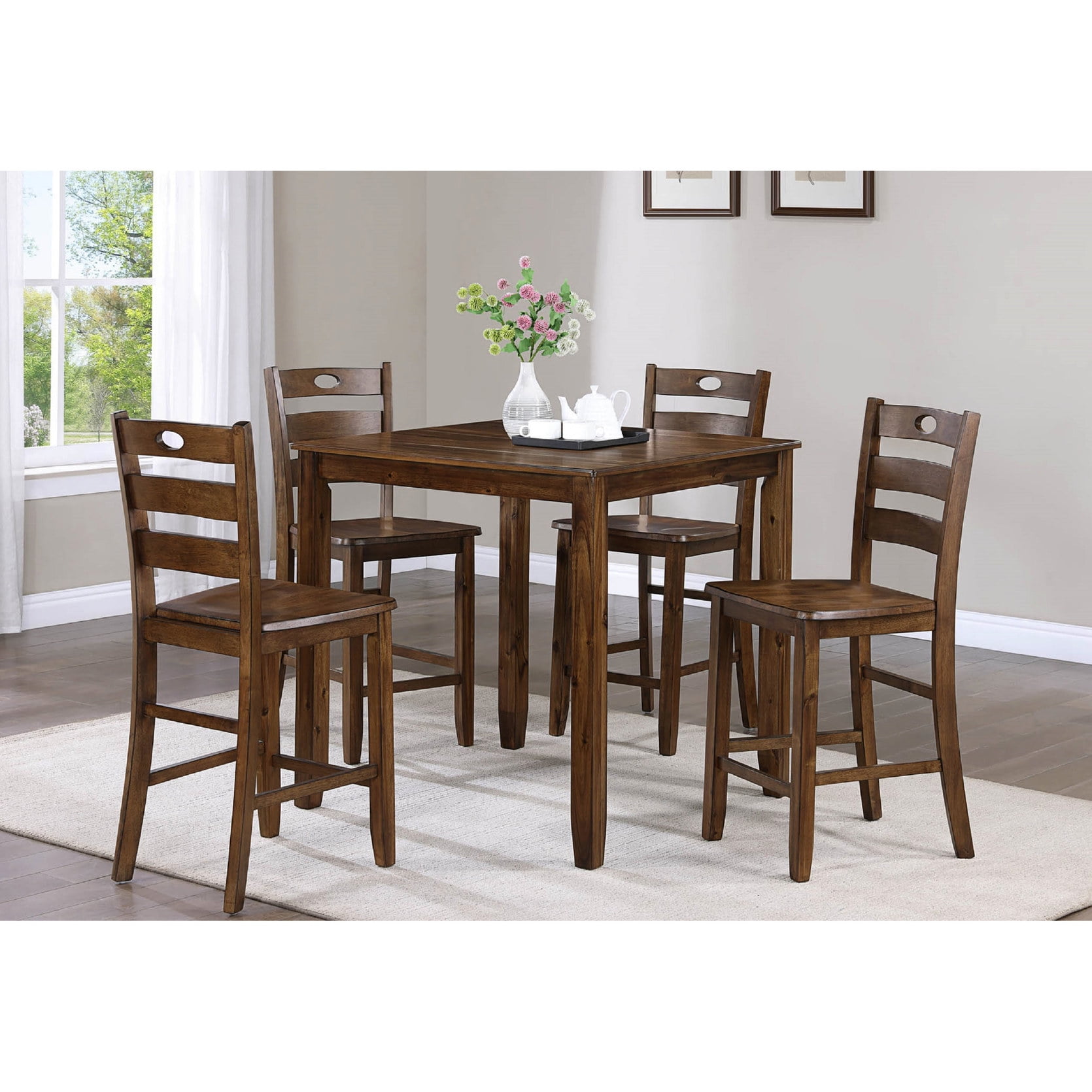 Brown Square Counter Height Dining Set with 4 Ladder Back Chairs | Adds ...