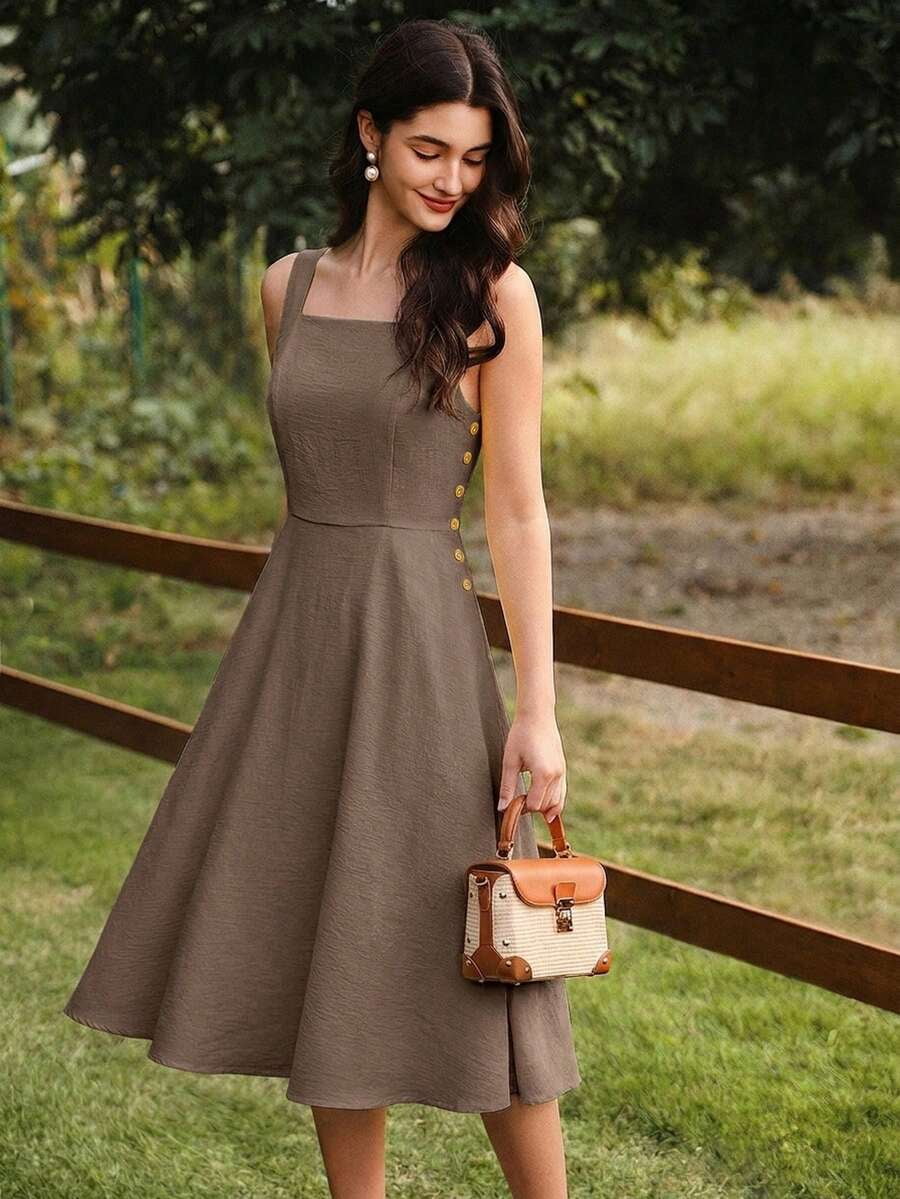 Brown Square Neck Button-Front Midi Dress With Flared Skirt And ...