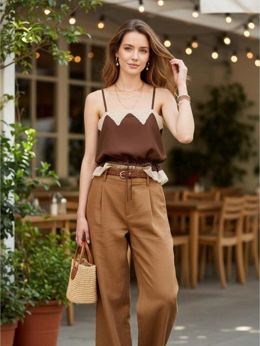 Brown Square Neck Lace-Trimmed Cami Tank Top With Drawstring Waist And ...
