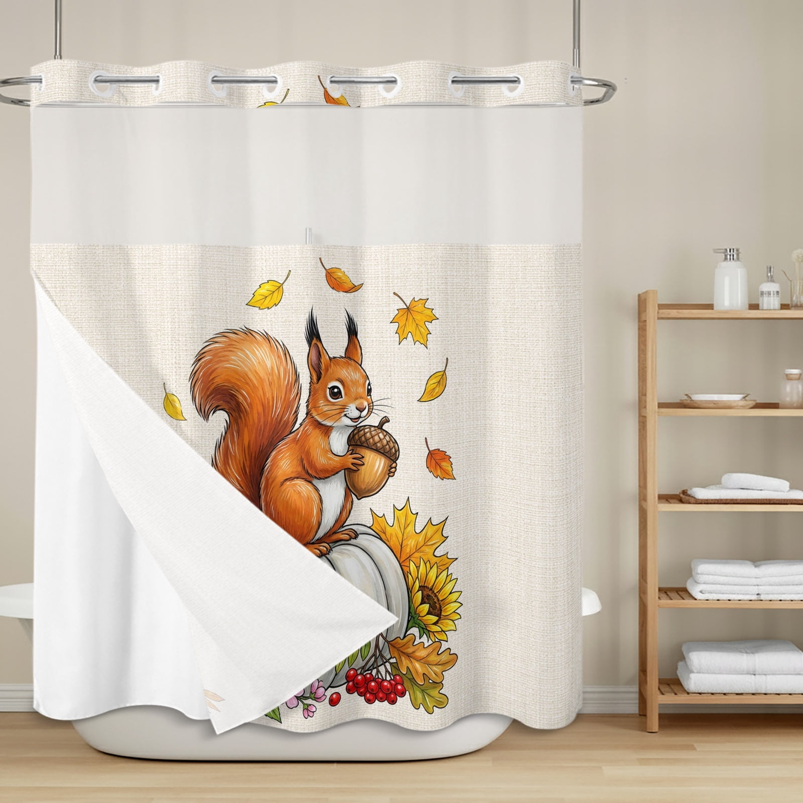 Brown Squirrel Shower Curtain with Snap in Liner, Forest Fall White ...