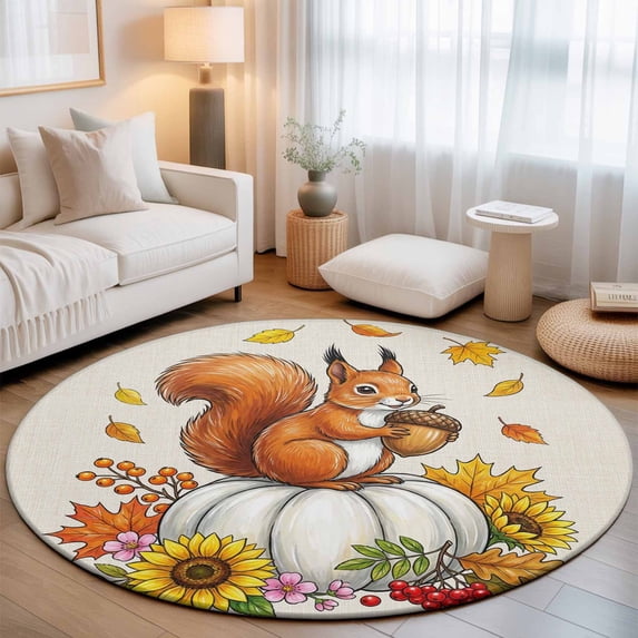 Brown Squirrel Small Round Rug 3Ft Forest Fall White Pumpkin Yellow ...