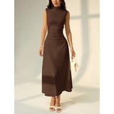 Brown Stand Collar Sleeveless Ruched A-Line Maxi Dress For Women ...