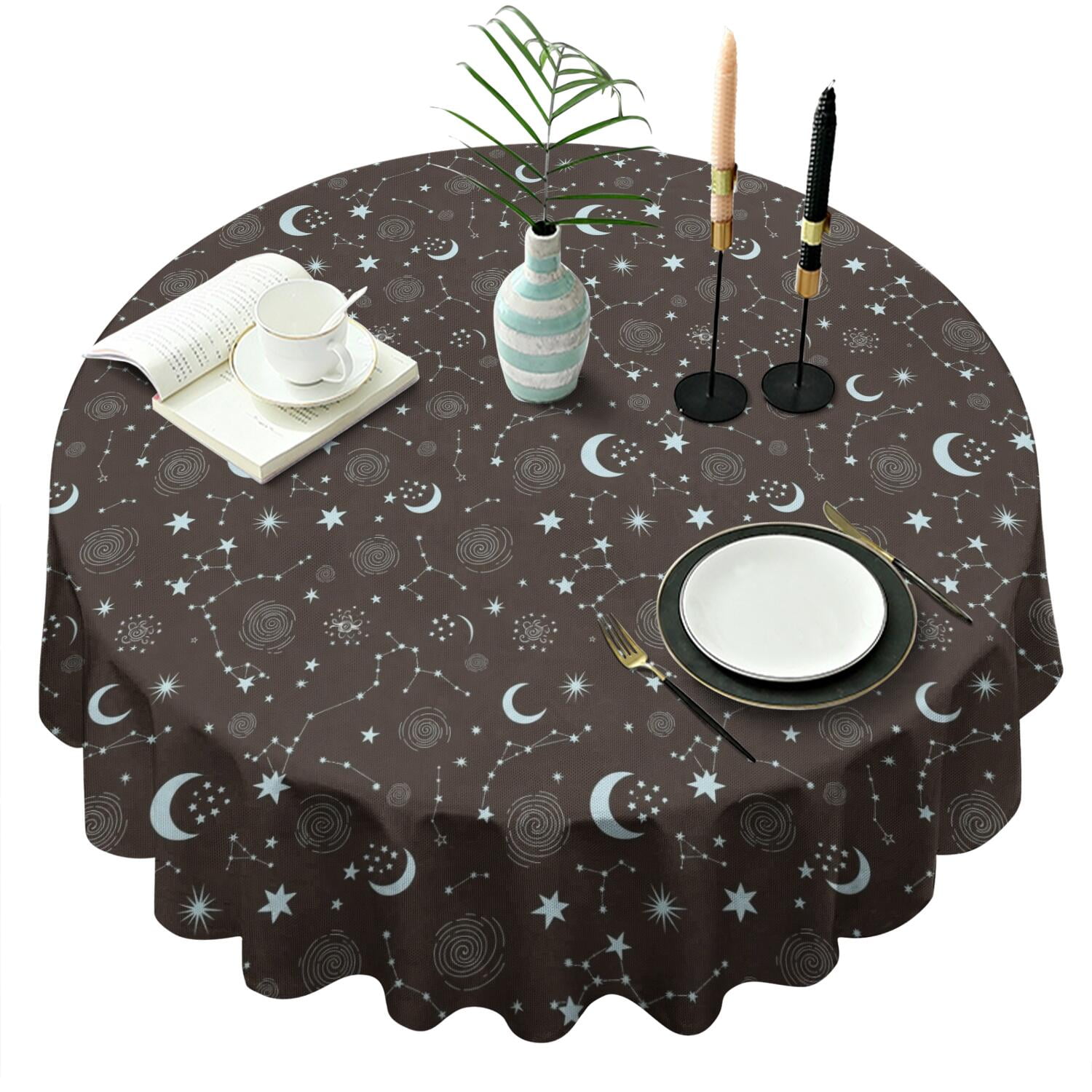Brown Star Moon Constellation Pattern Round Tablecloth 60"x60",Wrinkle ...