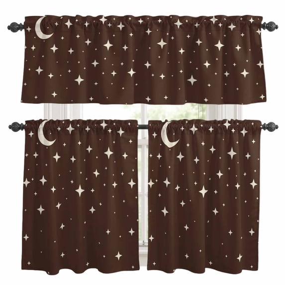 Brown Starry Night Kitchen Curtains Valance and Tier Set Stars Moon ...