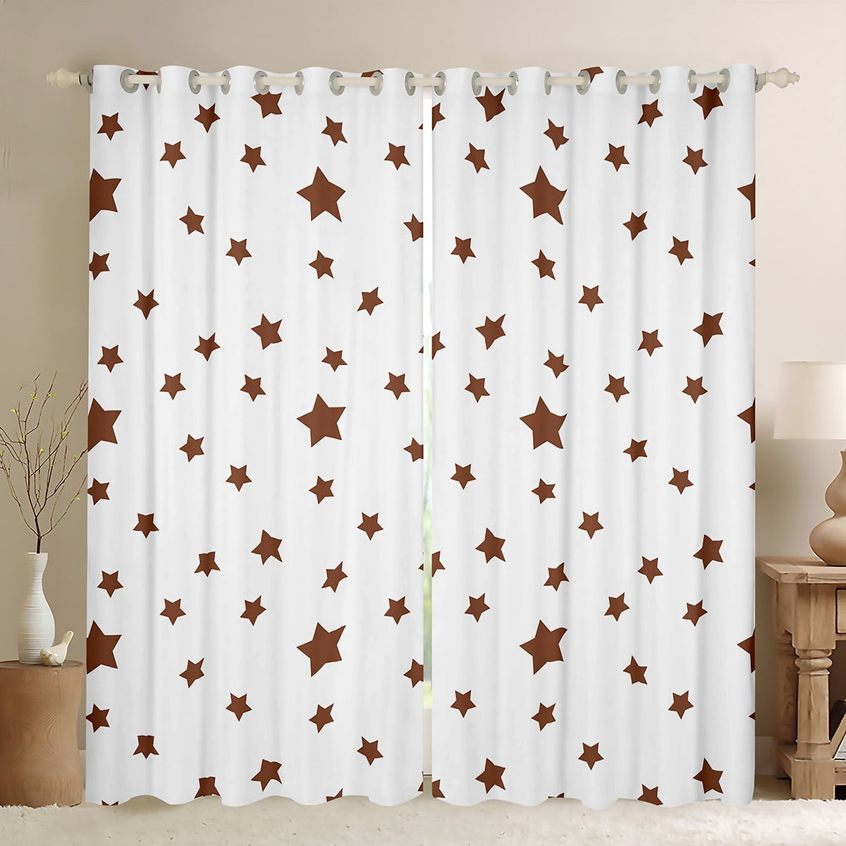 Brown Stars Window Curtains,Starry Sky Cartoon Romantic Window Drapes ...