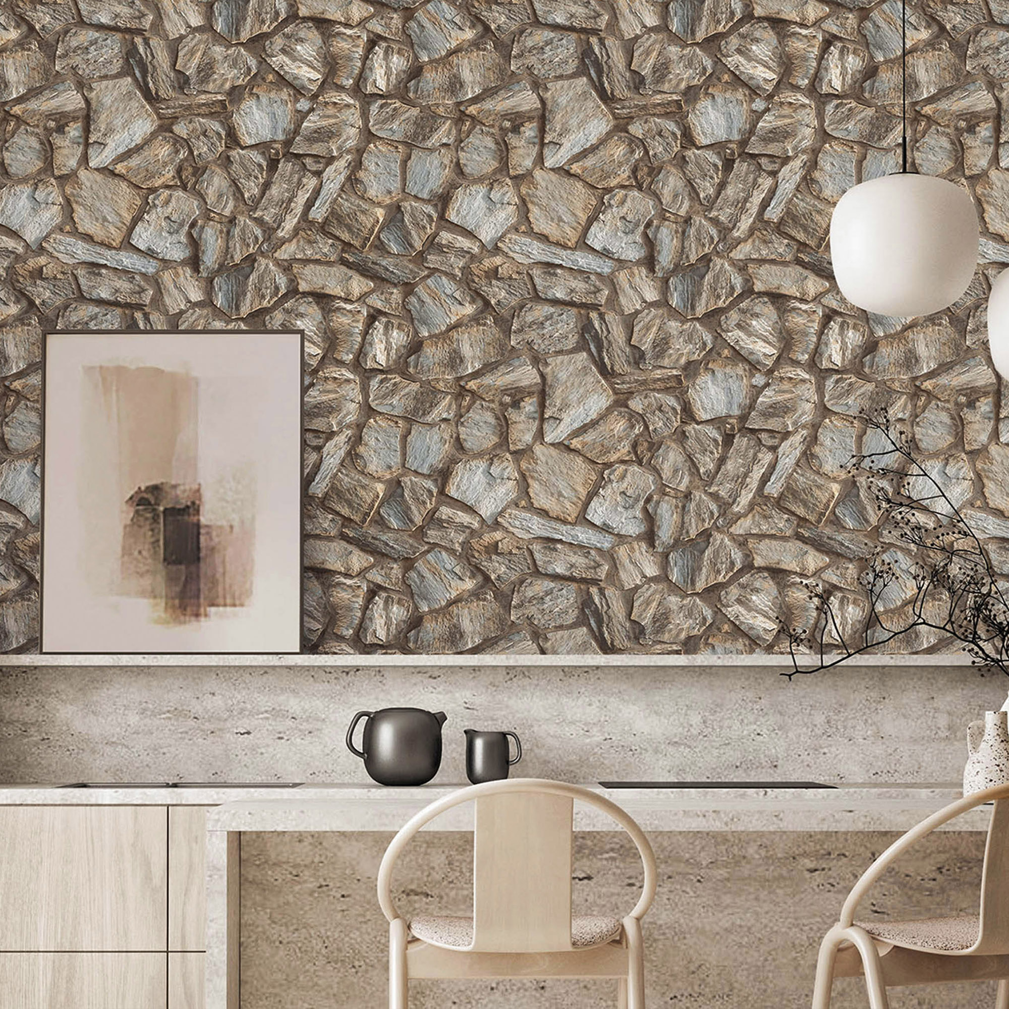 Brown Stone Embossed Wallpaper, Tile Wallcovering Roll: 41.7”W x 614”H ...