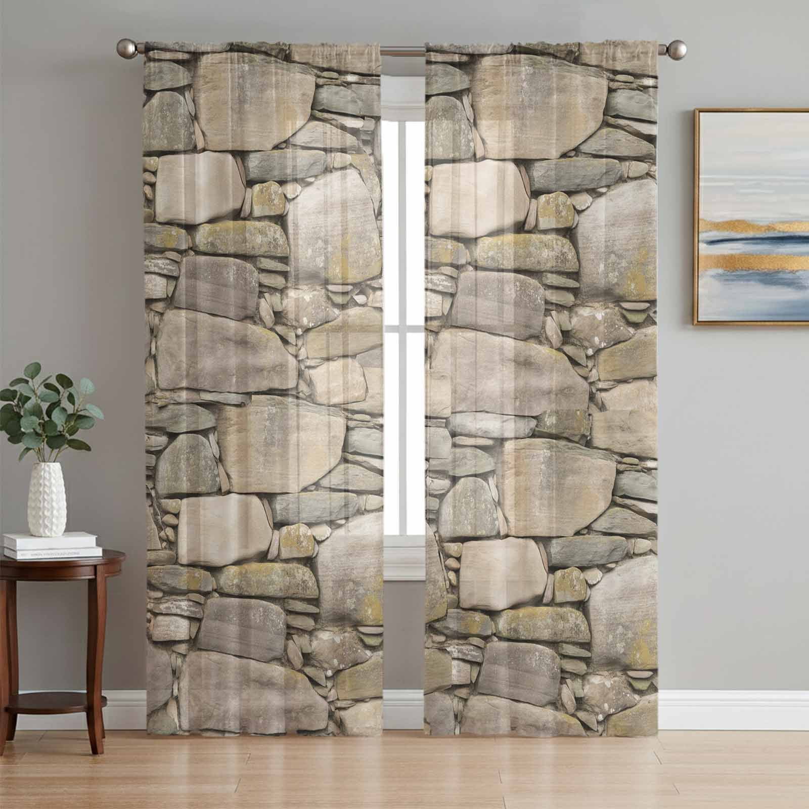 Brown Stone Wall Sheer Curtains 84 Inch Length 2 Panels for Living Room ...