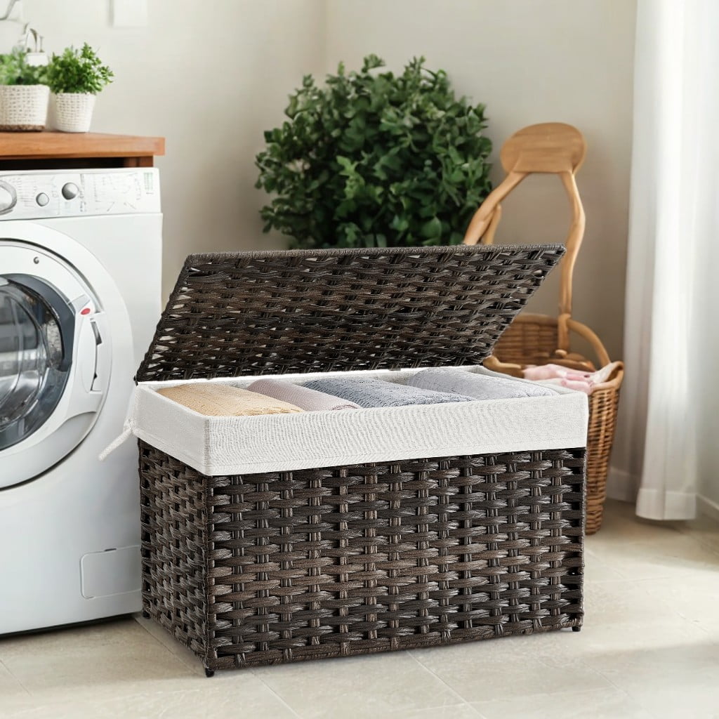 Brown Storage Basket with Lid, 27.7 Gallon (105L) Woven Bin. Features ...