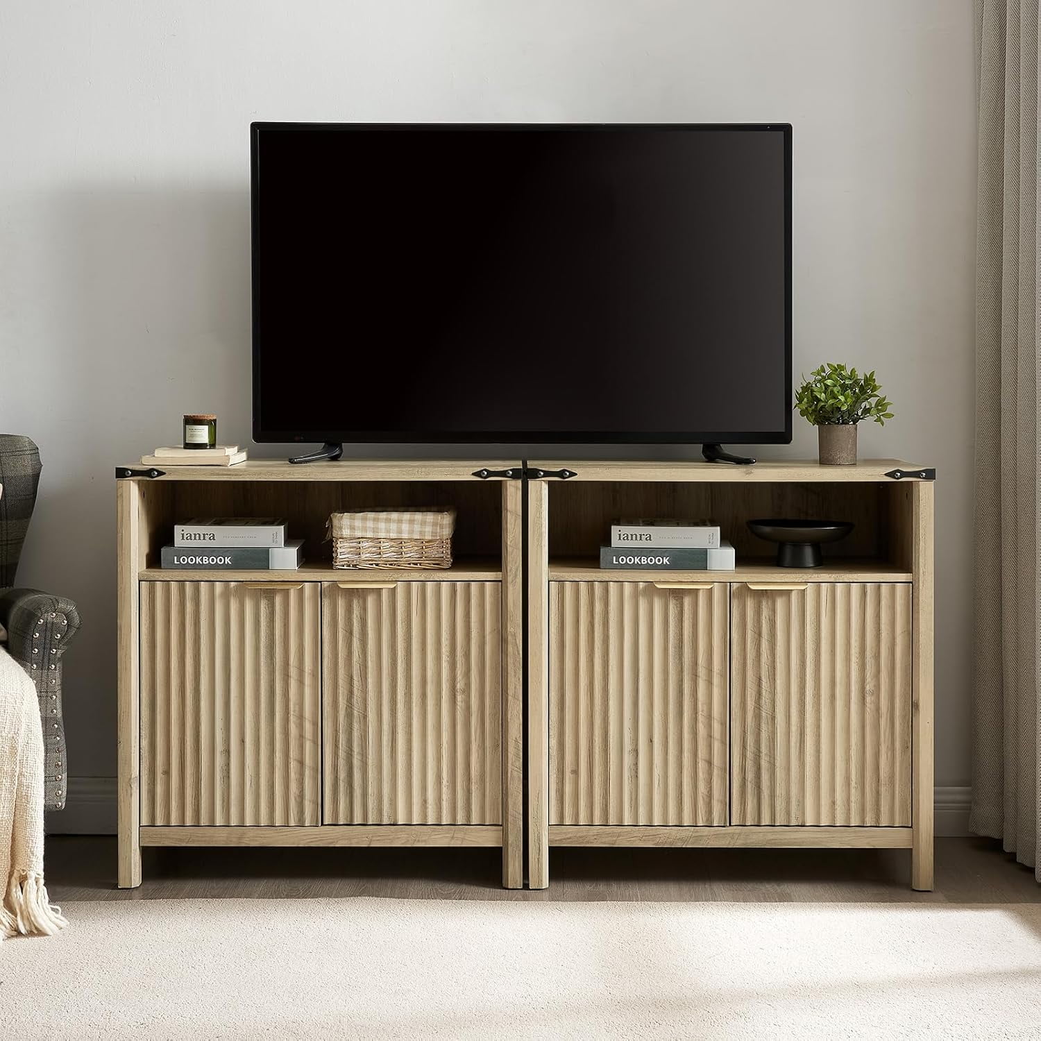 Brown Storage Cabinet Fluted Sideboard Buffet Cabinet with Adjustable ...