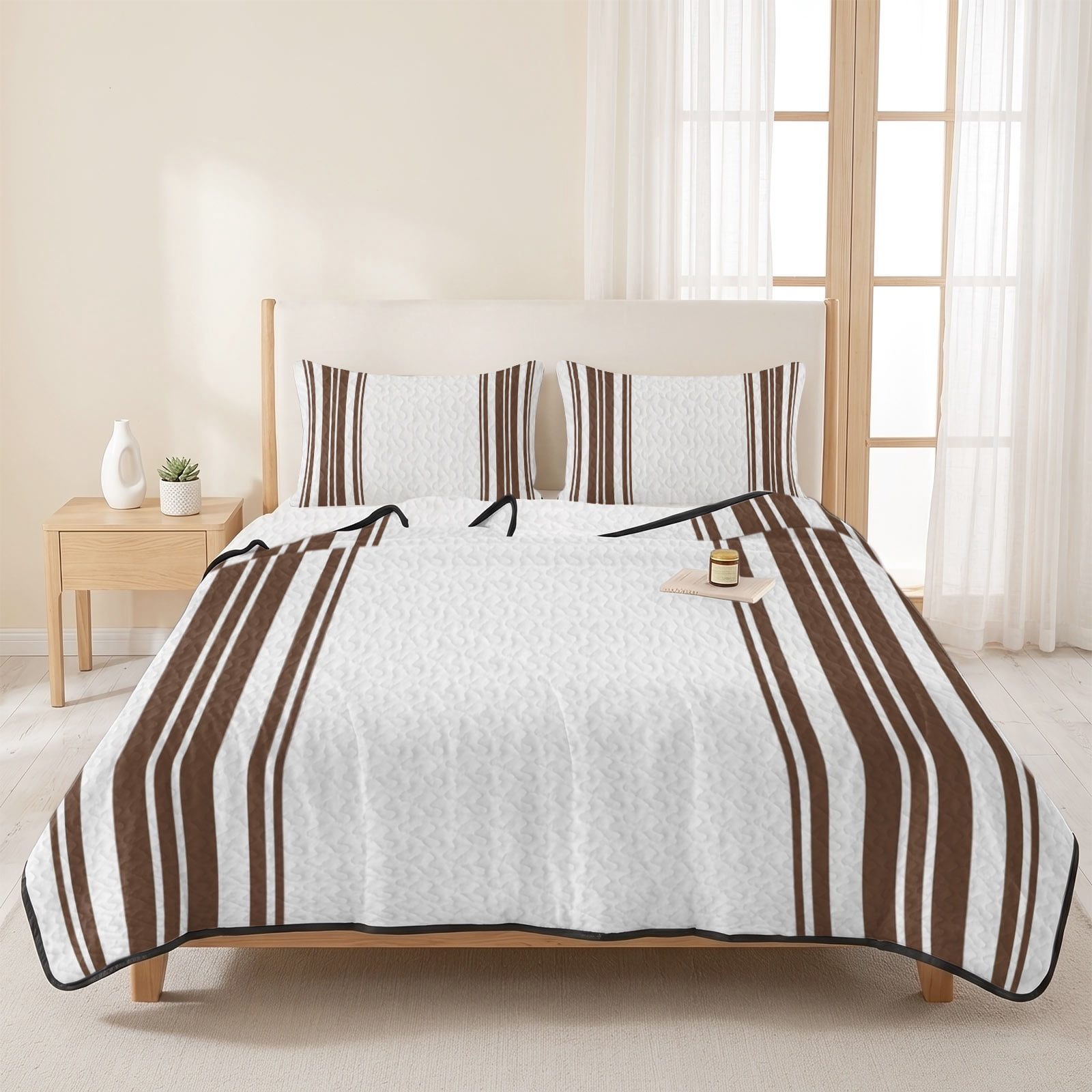 Brown Stripe Abstract 3 Pieces Quilt Set,1 Quilt with 2 Shams,Modern ...