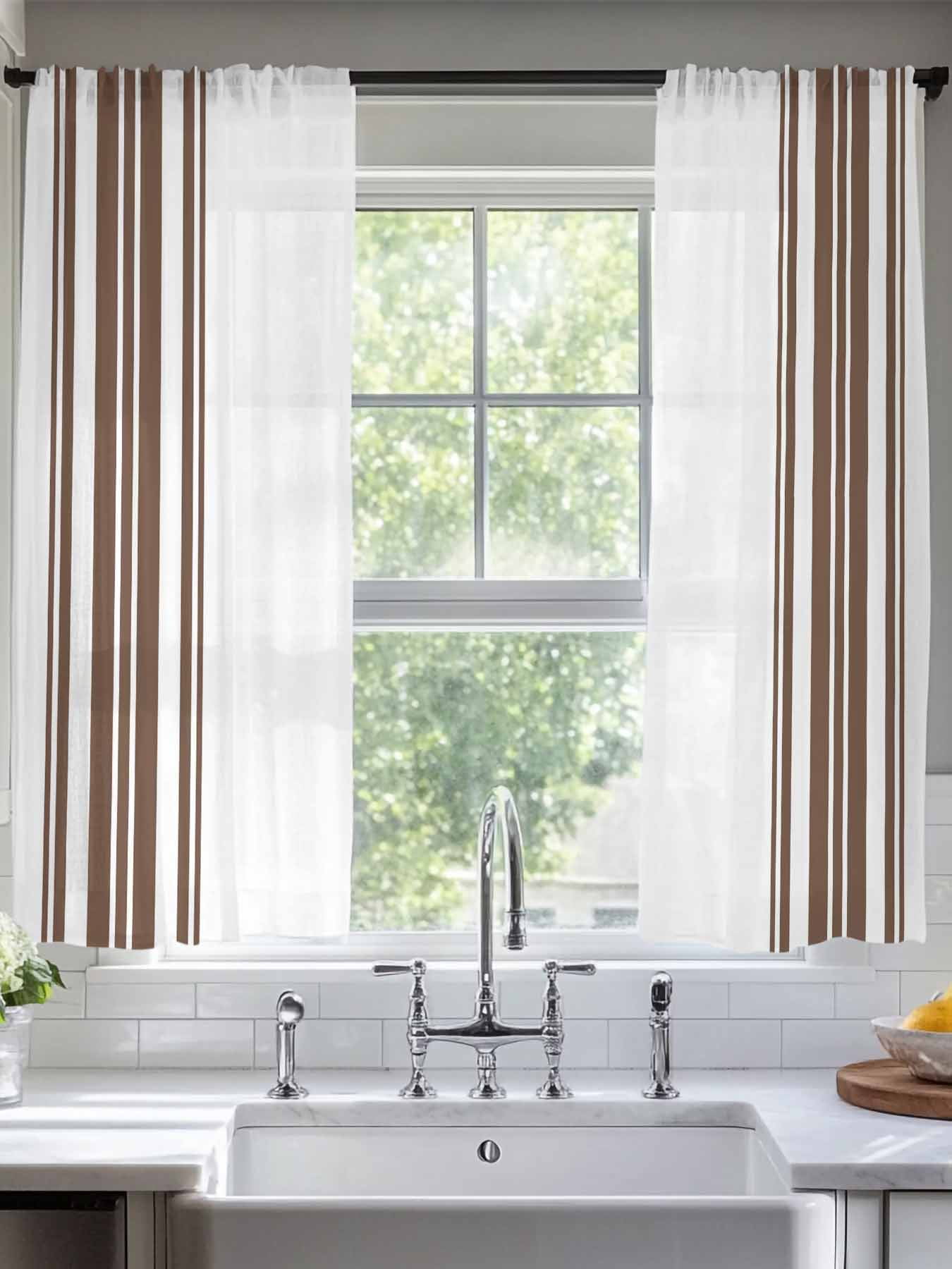 Brown Stripe Abstract Chiffon Sheer Curtains 72 Inches Long Modern ...