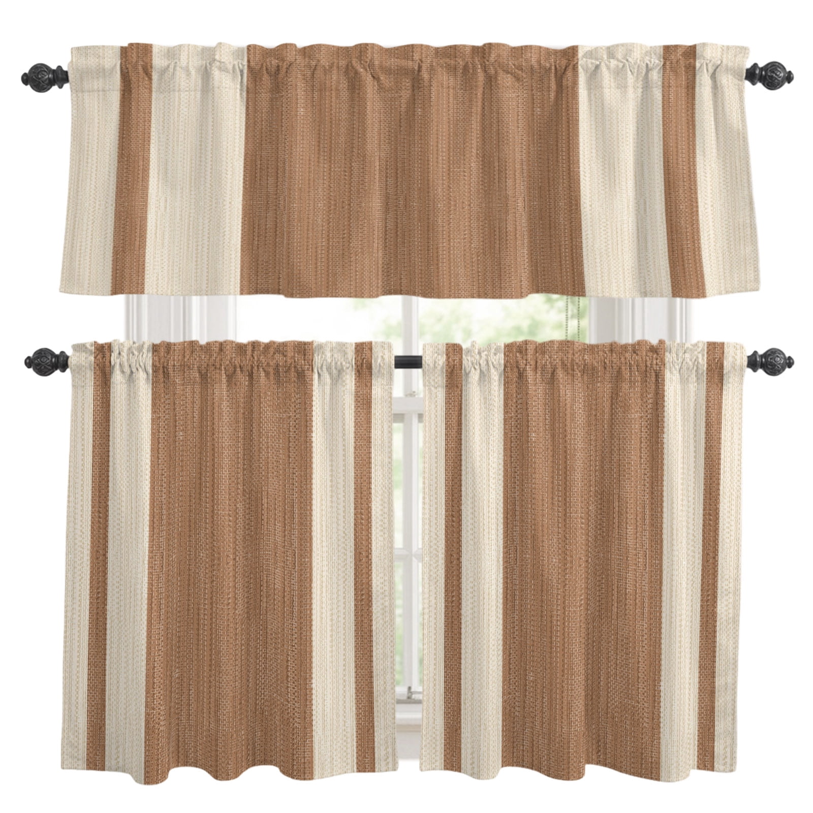 Brown Stripe Kitchen Curtains and Valances Set, Modern Geometric ...