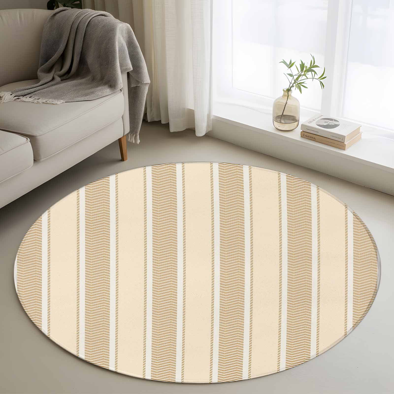 Brown Stripe Round Area Rug 4 FT, Non Slip Indoor Outdoor Rug, Modern ...
