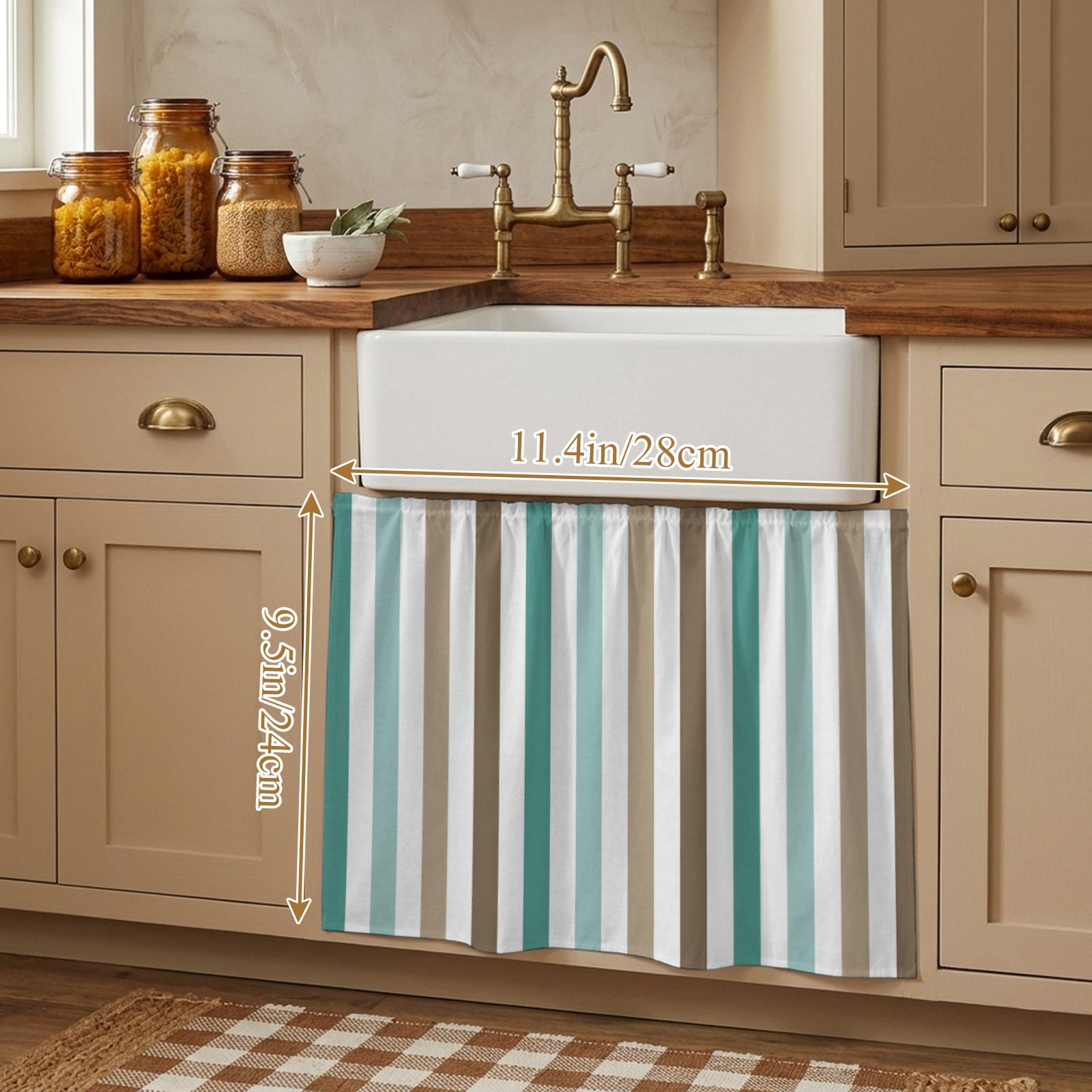 Brown Stripe Small Cabinet Curtains 10"W x 11"L, Ombre Geometric Teal ...