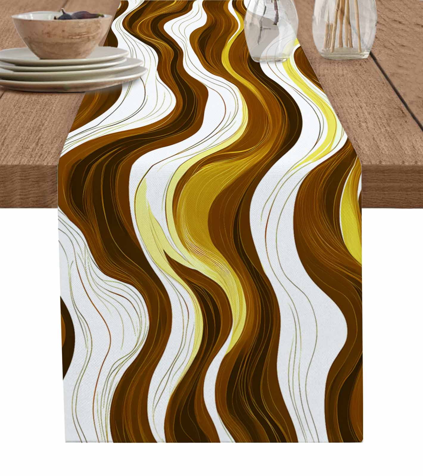 Brown Stripe Table Runner 72 Inches, Gold Geometric White Coastal Wave ...