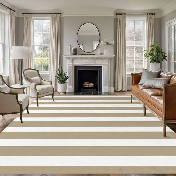 Brown Striped 5x8 Area Rugs, Farmhouse Modern Khaki Stripes Non-Skid ...