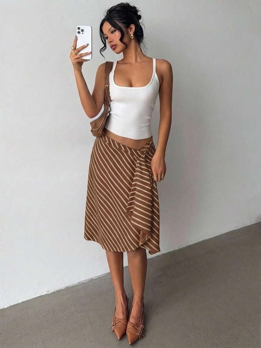 Brown Striped Asymmetrical Wrap Knee-Length Skirt For Women, Casual ...