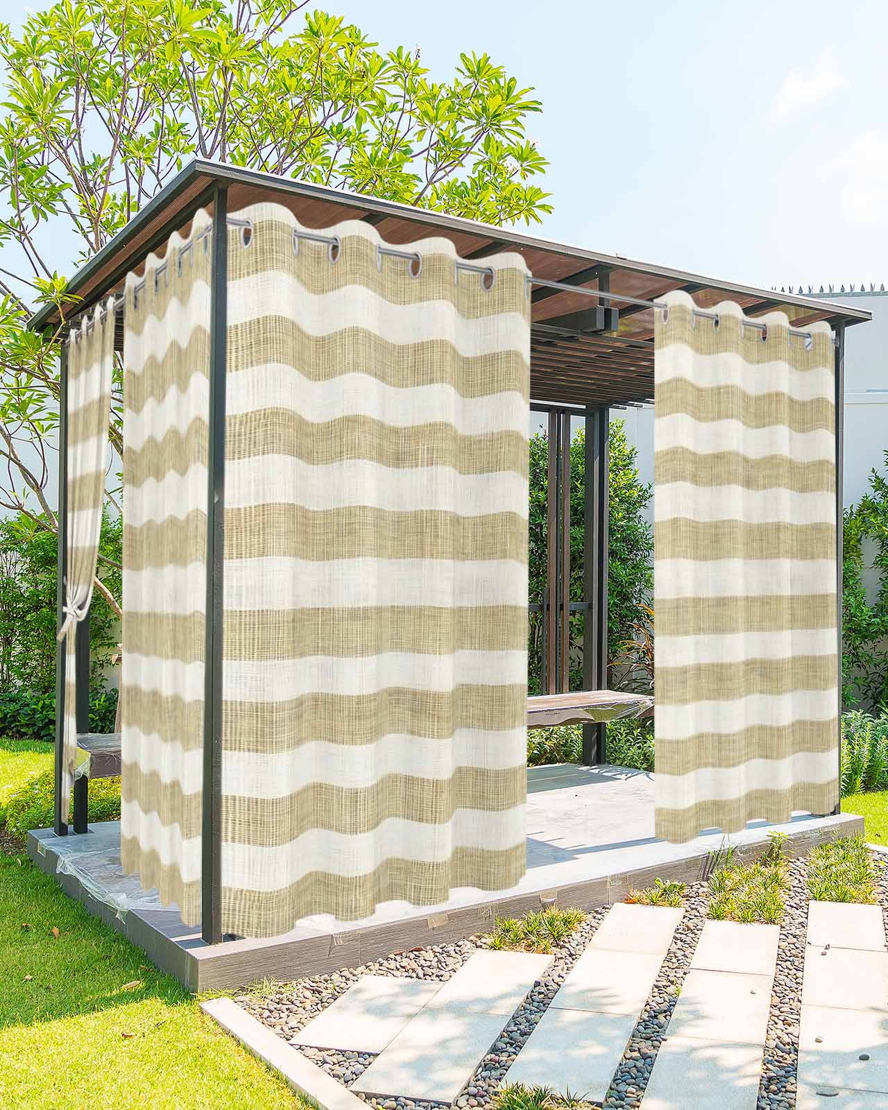 Brown Striped Outdoor Curtains for Patio Waterproof,Vintage Linen ...