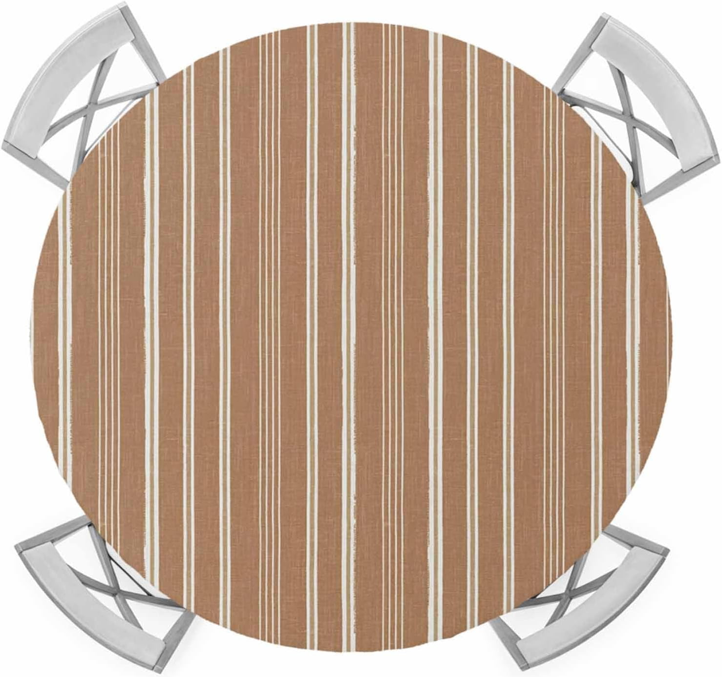 Brown Striped Round Tablecloth, Fitted Table Cover with Elastic for 56 ...