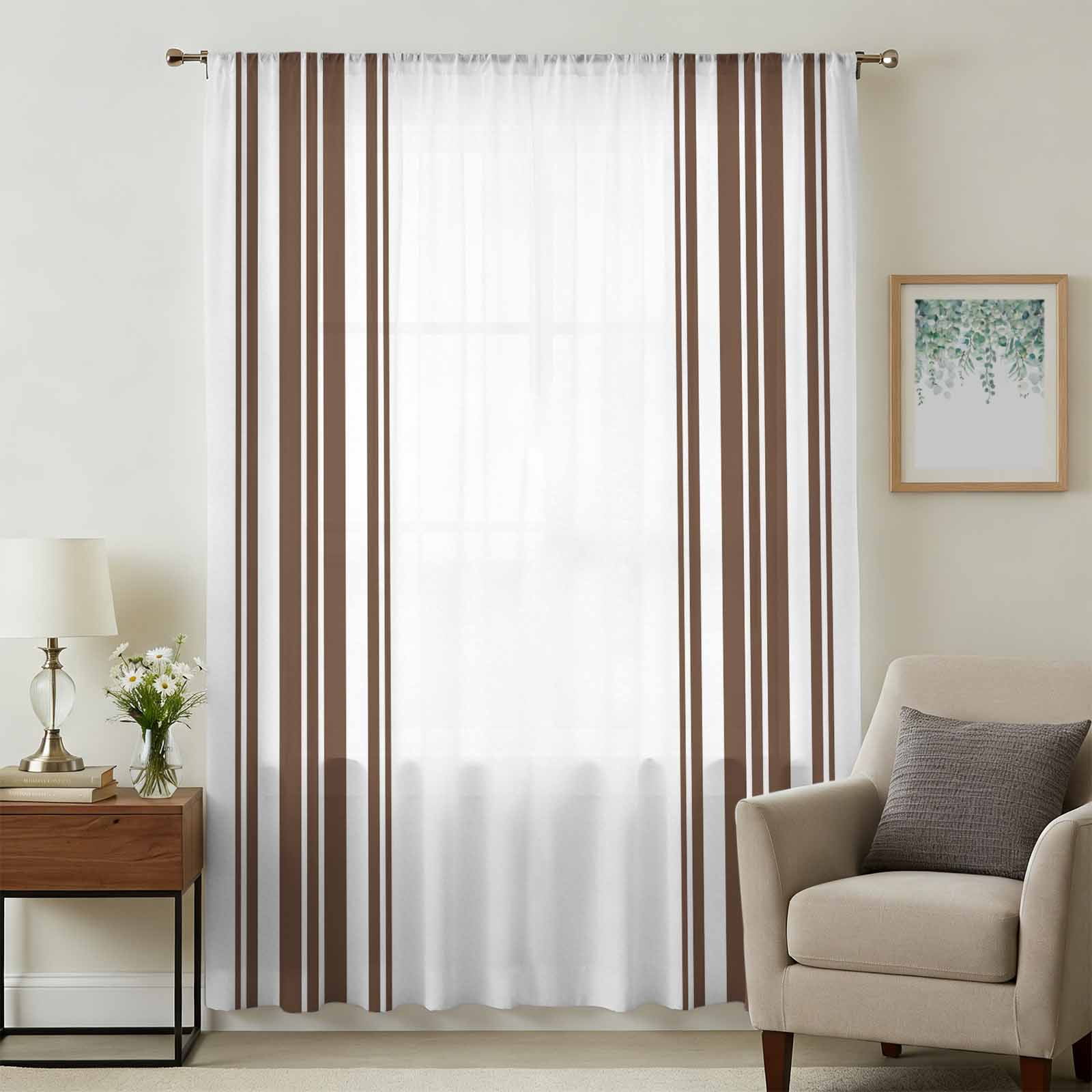 Brown Striped Sheer Curtains 54 Inches Long for Bedroom, Farmhouse ...