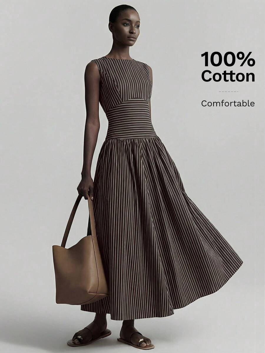 Brown Striped Sleeveless Ruched Waist A-Line Maxi Dress, Comfortable ...