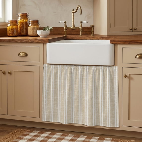 Brown Striped Small Cabinet Curtains 10"W x 11"L, Farmhouse Geometric ...