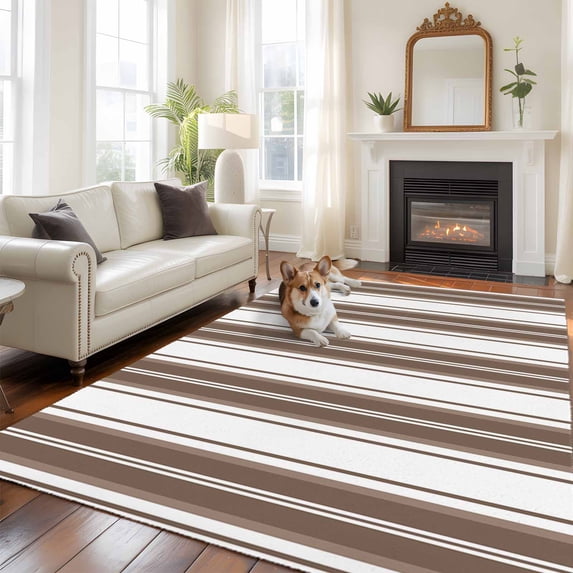 Brown Striped Washable Area Rug 8x10 Vertical Stripe Modern Minimalist ...
