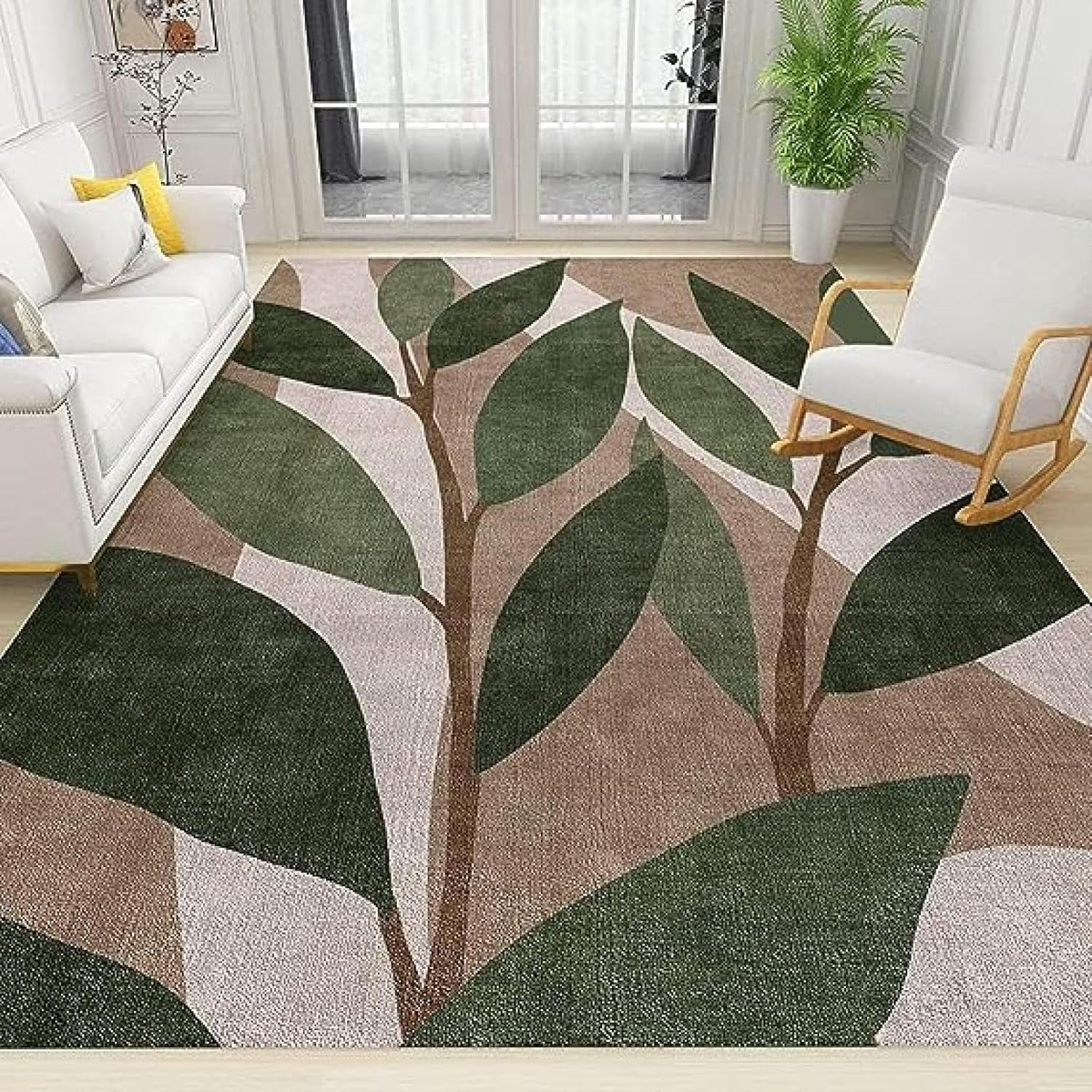 Brown Stripes Green Branches Area Rug, Retro Abstract Minimalism ...