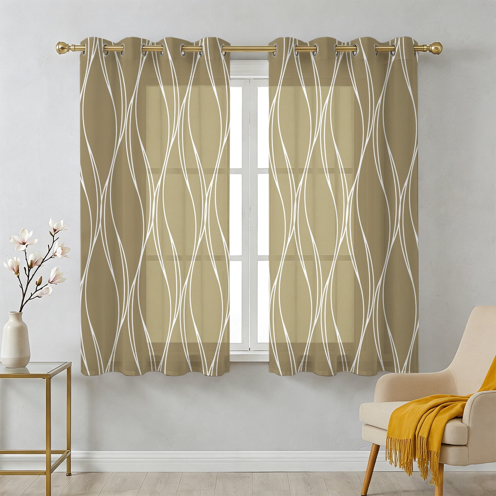 Brown Stripes Lines Sheer Curtains 54 Inch Long 2 Panels, Abstract ...