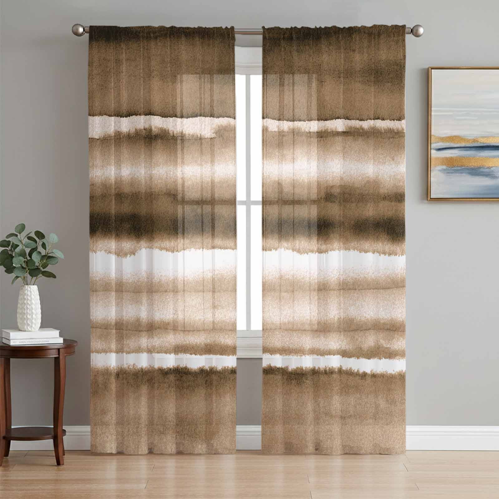 Brown Stripes Sheer Curtains 63 Inch Length 2 Panels Set, Country ...