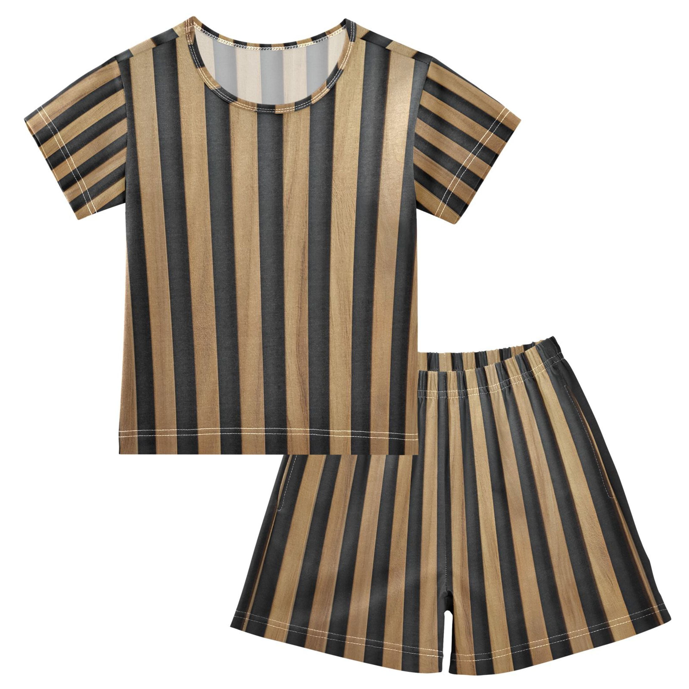 Brown Stripes Summer Pajama Set Soft Cotton Short Sleeve Sleepwear 2PCS ...