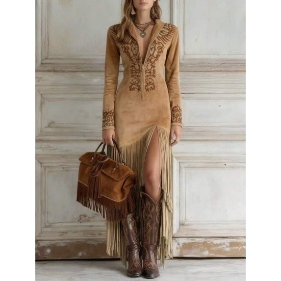 Brown Suede Retro Embroidered Tassel Zipper Long Dress With High Slit ...