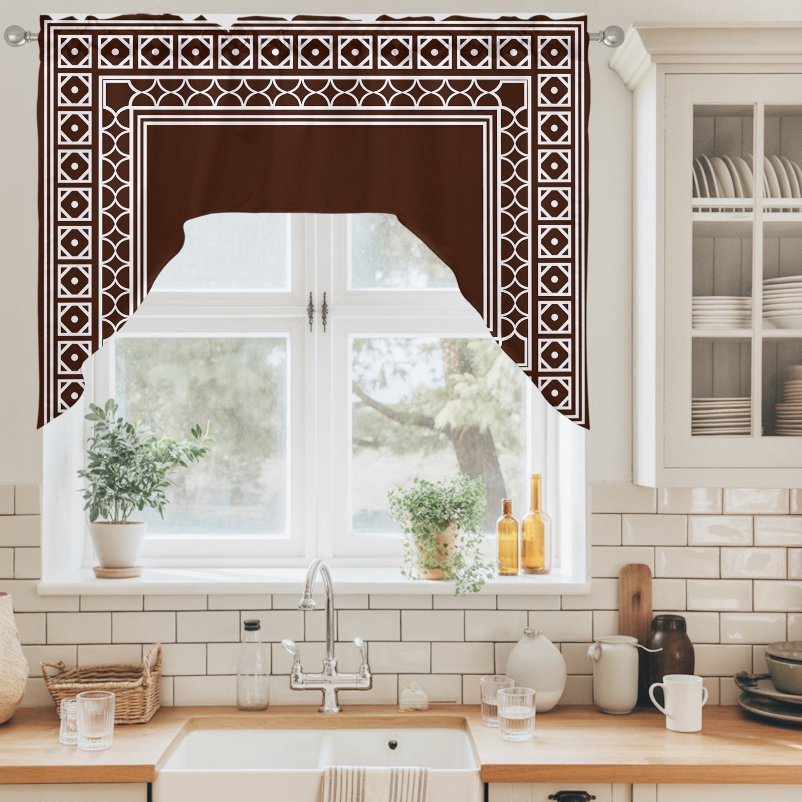 Brown Swag Curtain Valance for Windows, Boho Diamond Pattern Border ...