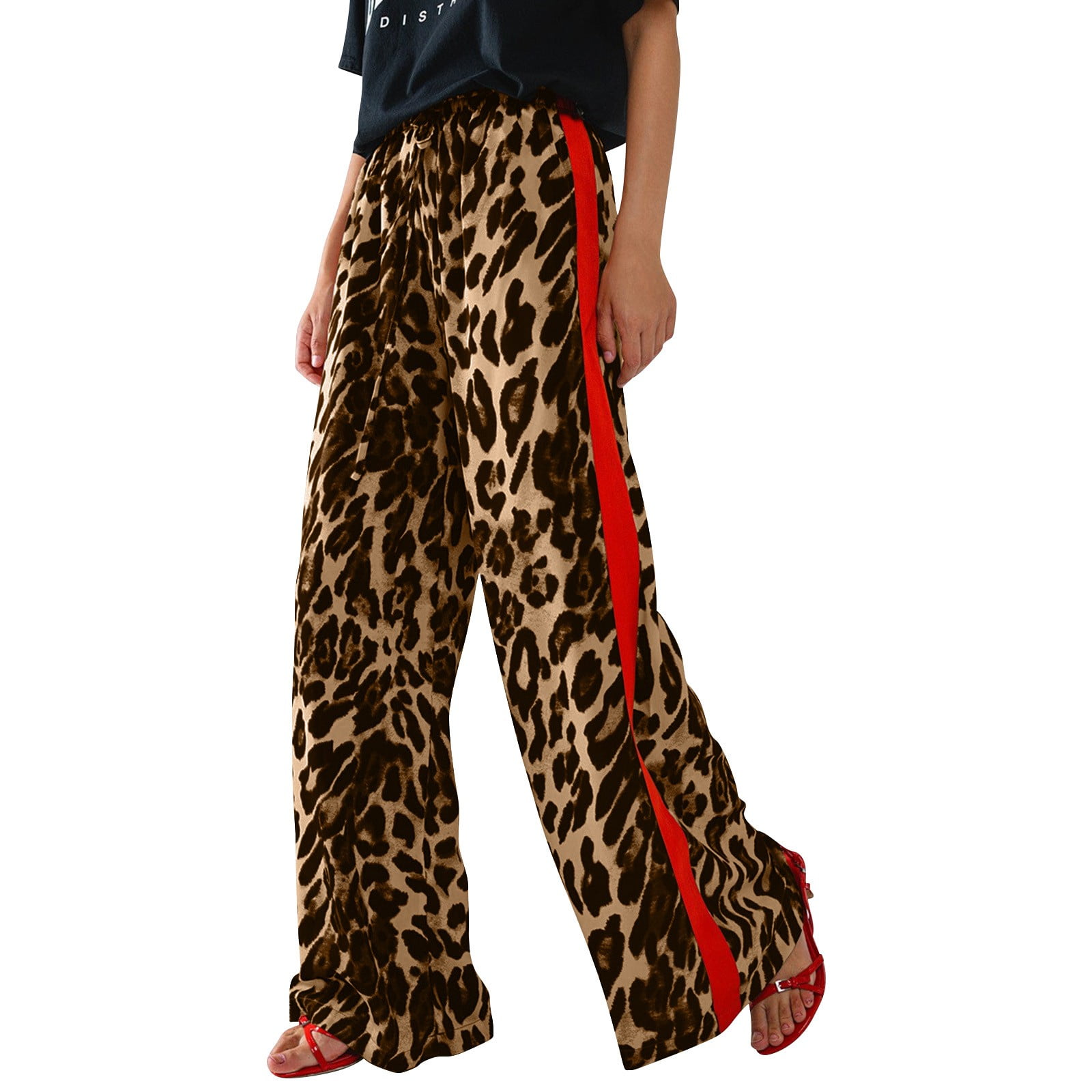 Brown Sweatpants Women's Leopard Print and Red Drawstring Wide Leg Pant ...