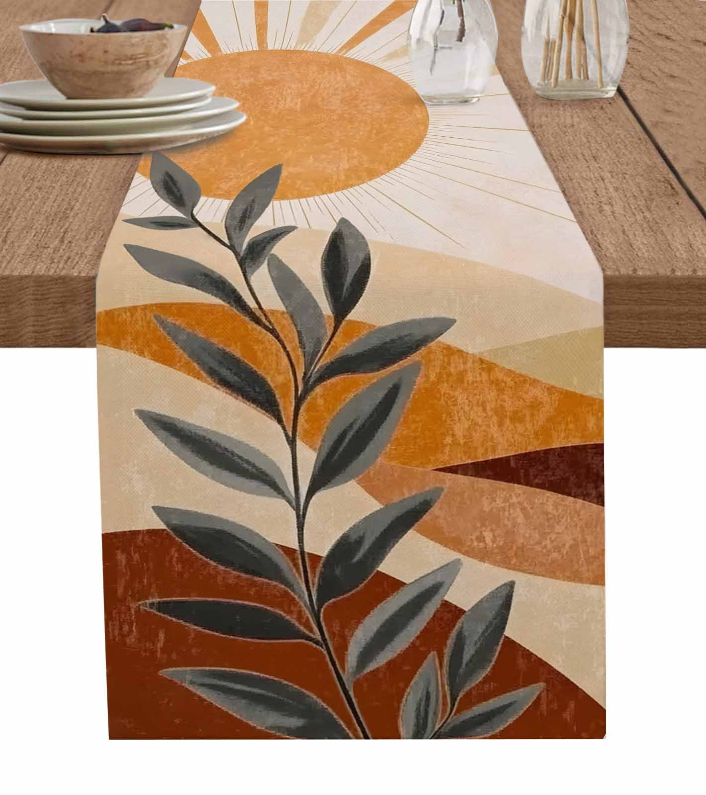 Brown Table Runner 108 Inches, Modern Abstract Art Summer Botanical ...