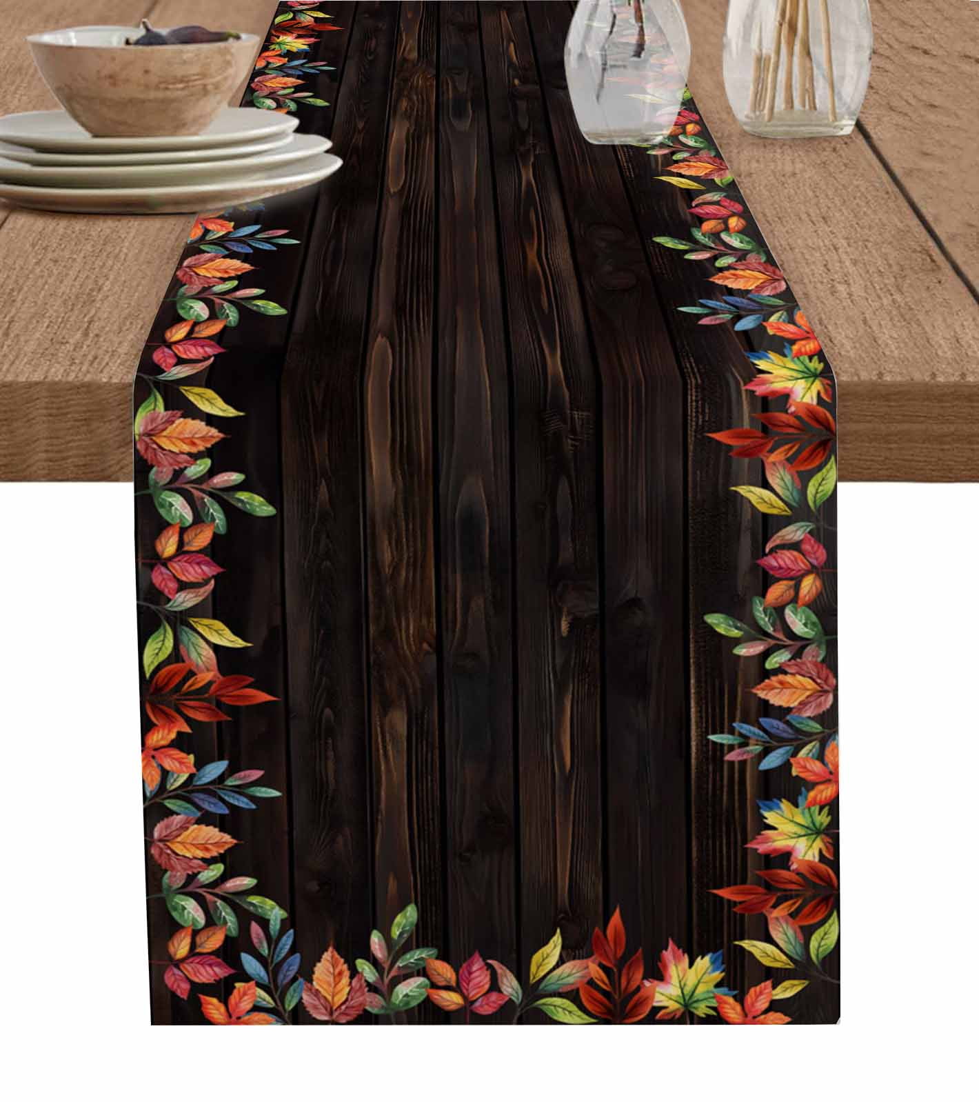 Brown Table Runner 72 Inches, Maple Leaf Watercolor Retro Botanical ...