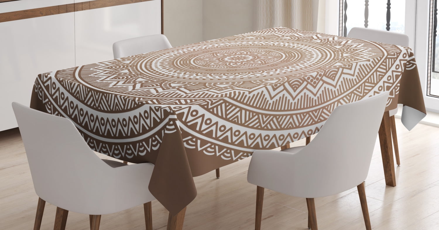 Brown Tablecloth, Mandala Pattern and Ombre Detailed Round Flower Art ...