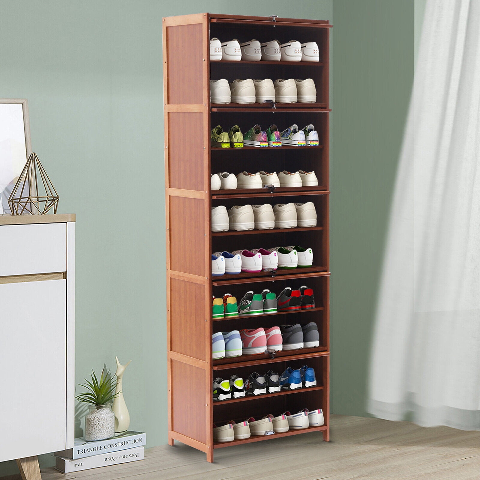 Brown Tall Bamboo Shoe Cabinet Brown Entryway Shoe Rack Floor Mount ...