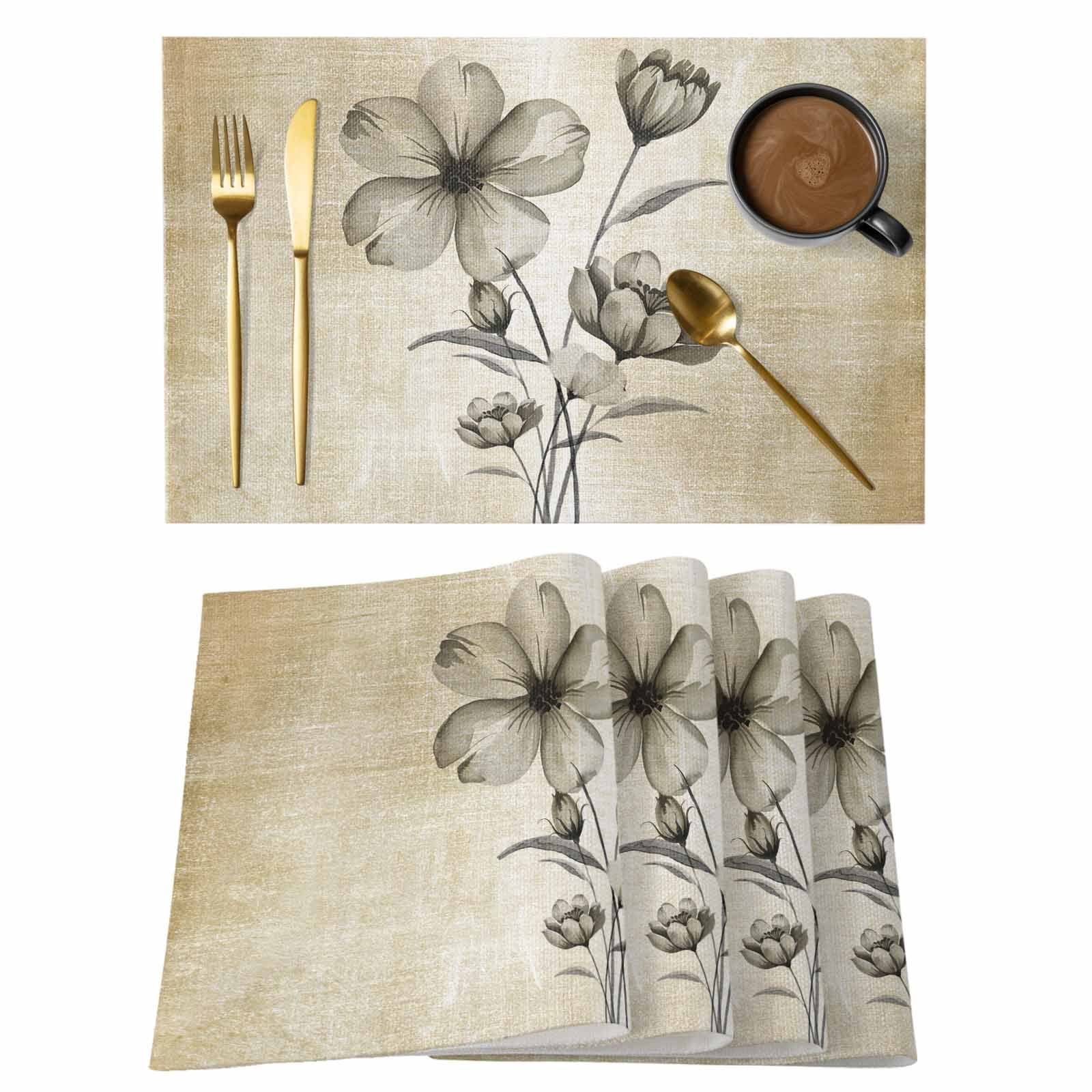 Brown Tan Tulip Buds Placemats Set of 1, Botanical Floral Rustic Retro ...
