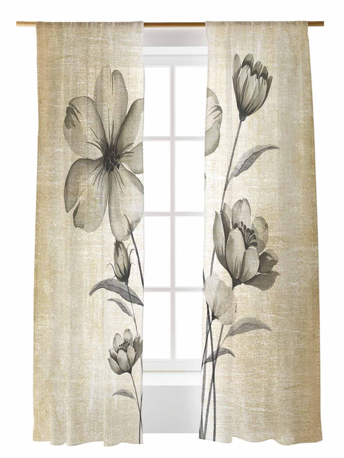 Brown Tan Tulip Buds Sheer Curtains 96 Inch Long 2 Panels, Botanical ...