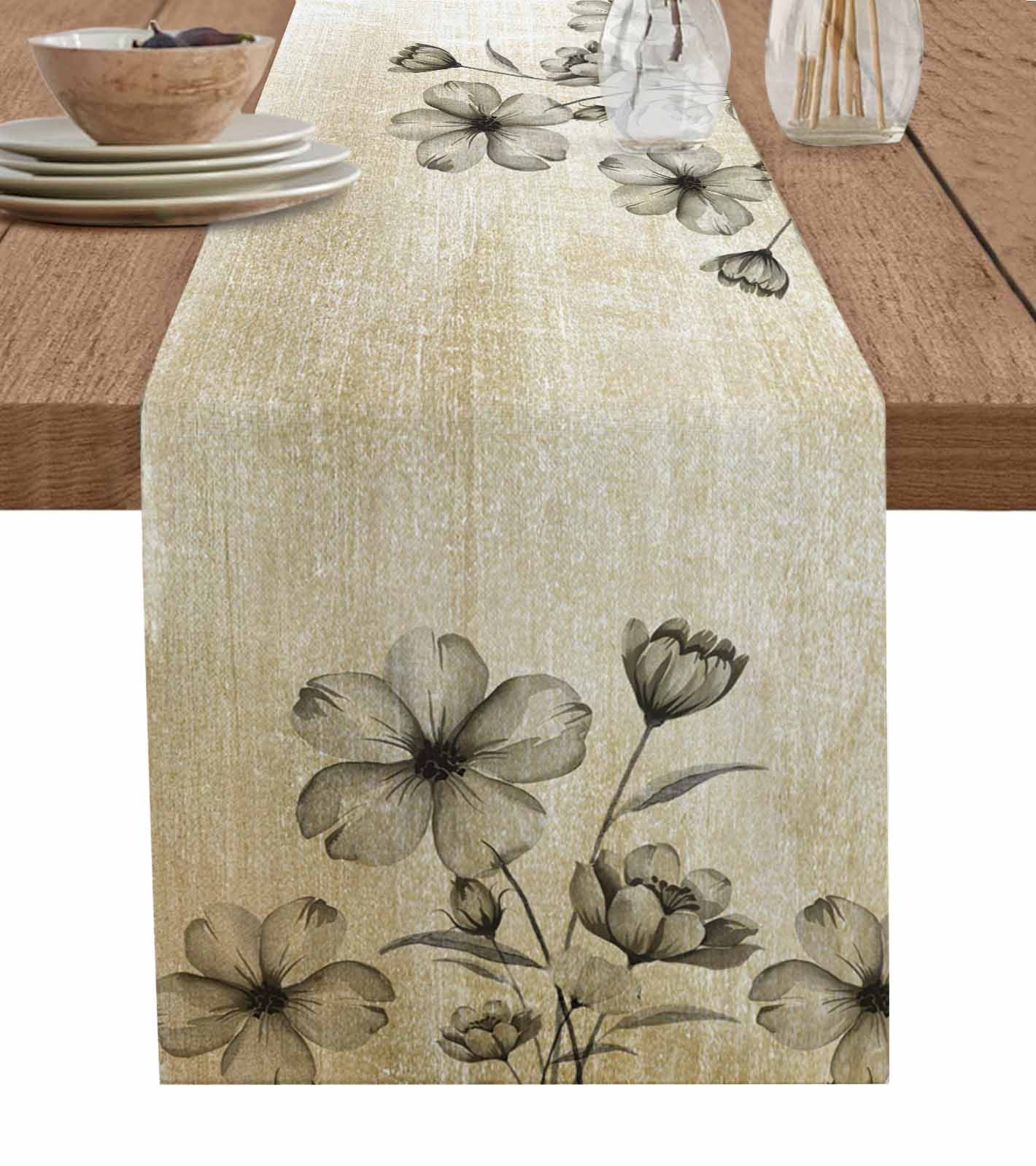 Brown Tan Tulip Buds Table Runners 120 Inches Long, Cotton Linen Fabric ...