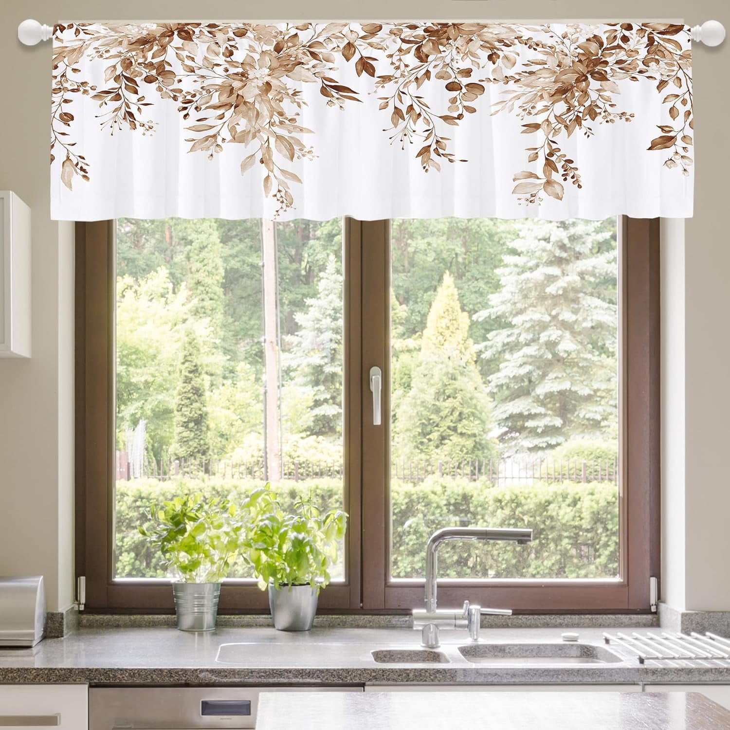 Brown Tan Valance Window Curtains Rustic Farmhouse Eucalyptus Leaves ...