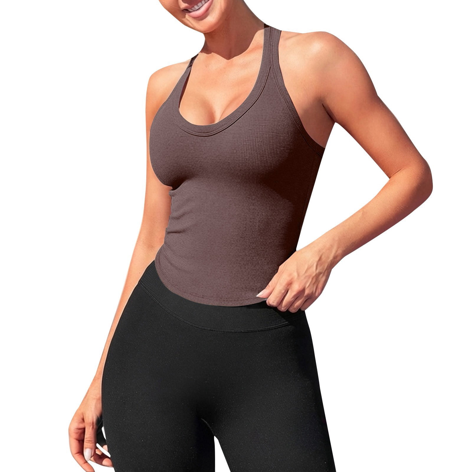 Brown Tank Tops for Women Slim-Fit Ribbed Workout with In Bra Tight ...