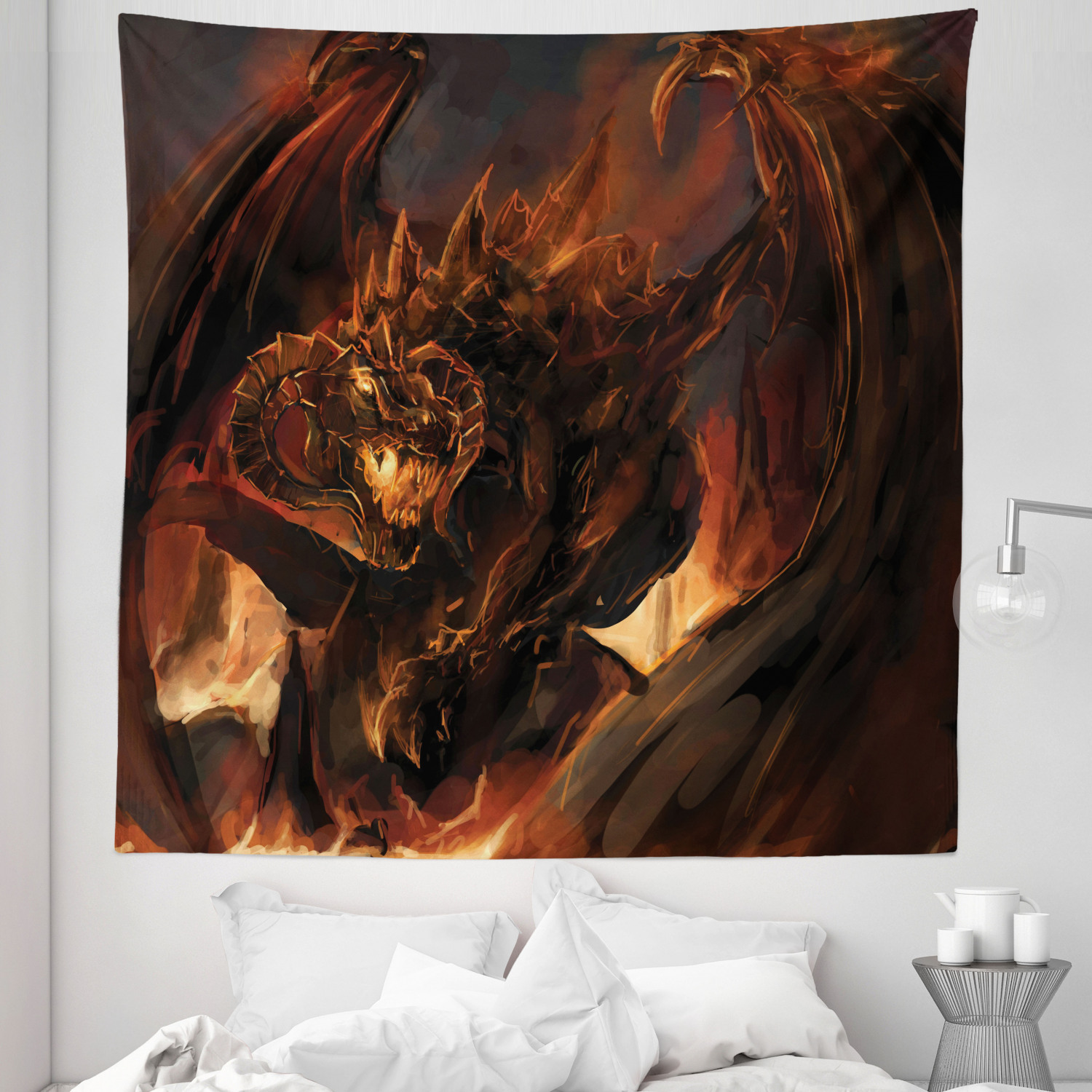 Brown Tapestry, Demonic Angry Molten Dragon with Horns Imaginary ...