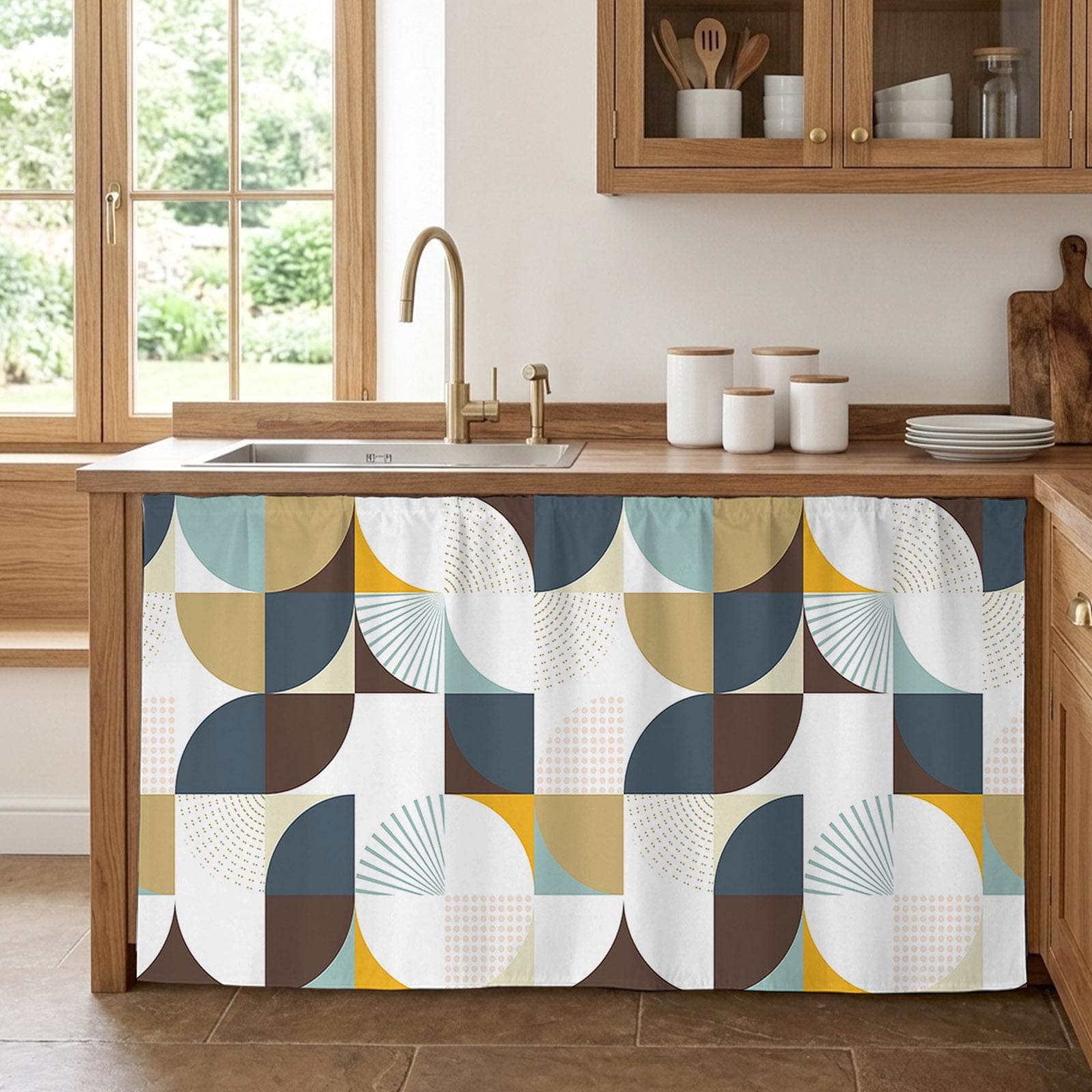 Brown Teal Beige Geometric Sink Skirt Curtain 32''x55'',Middle Century ...
