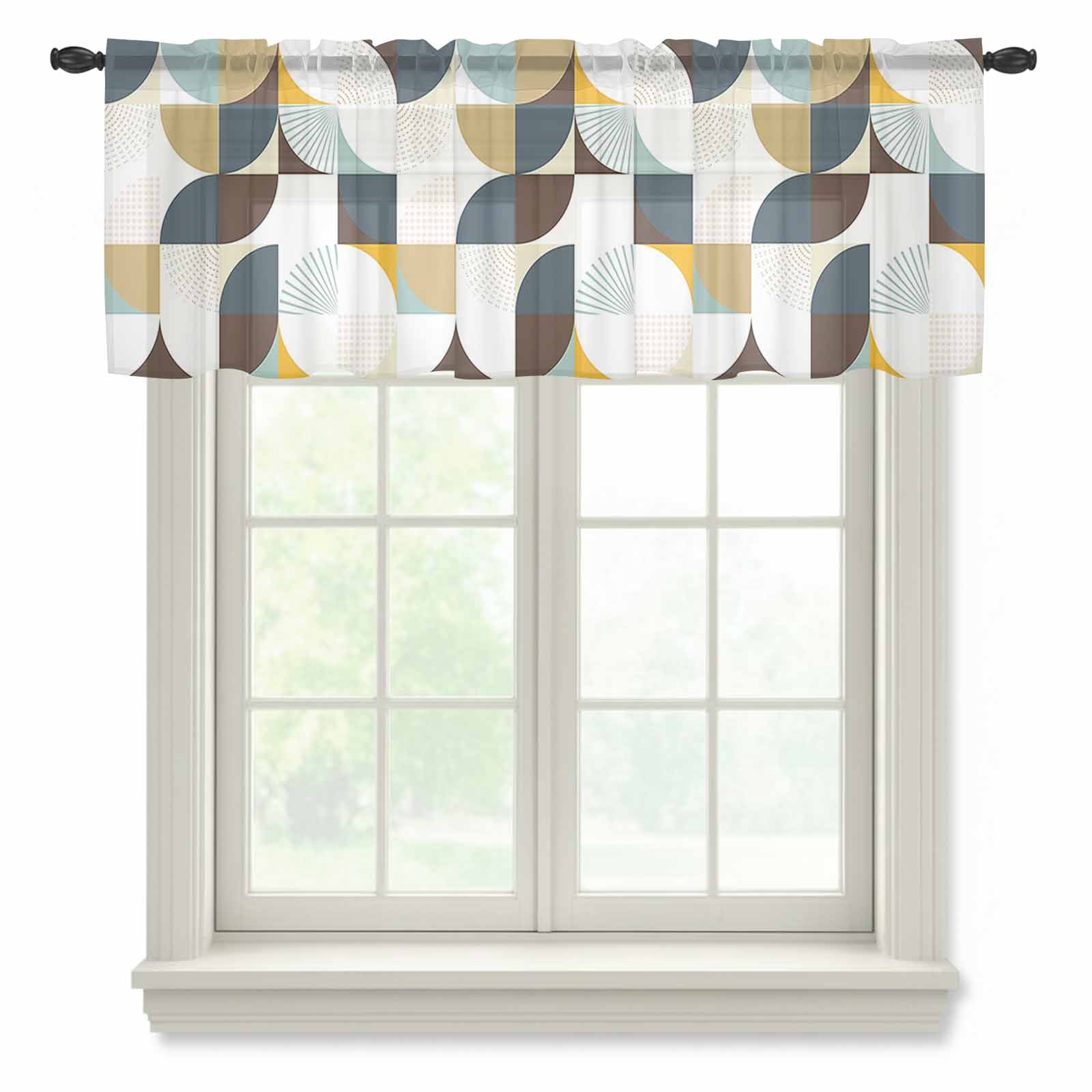 Brown Teal Beige Geometric Valance Curtains for Kitchen/Living Room ...