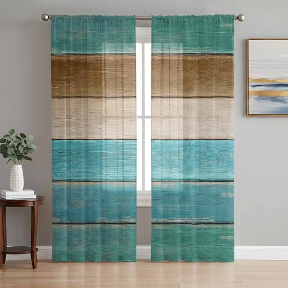 Brown Teal Blue Sheer Curtains 72 Inch Length 2 Panels Set, Vintage Wooden Art Farmhouse Voile ...