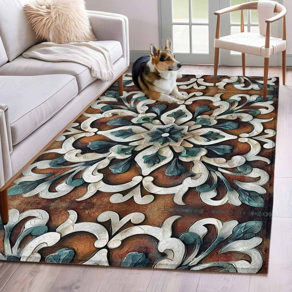 Brown Teal Boho Area Rug 3x5 FT, Non Slip Entryway Bedside Carpet ...