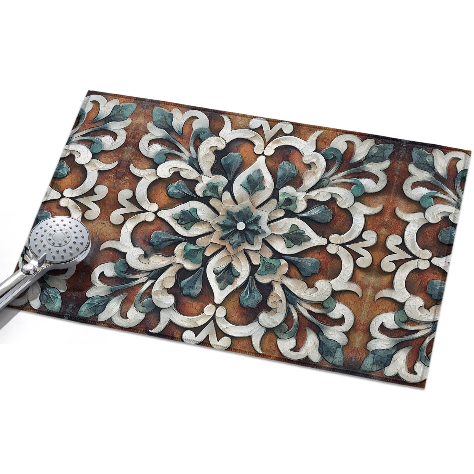 Brown Teal Boho Entryway Rug 2x3ft Washable Non Slip Bathroom Rug Low ...